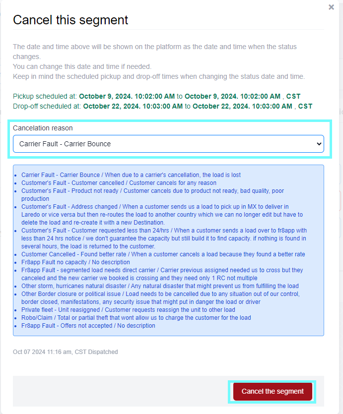 Operación / Remplazo / Cancelación de Cargas – Fleet Rocket