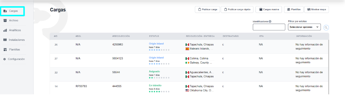 Menú Cargas y Menú Archivo – Fleet Rocket