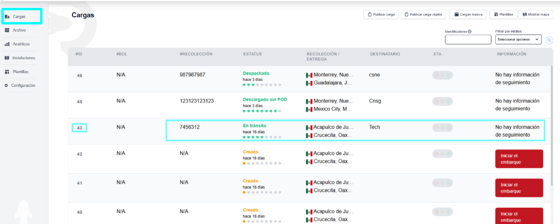 Menú Cargas y Menú Archivo – Fleet Rocket
