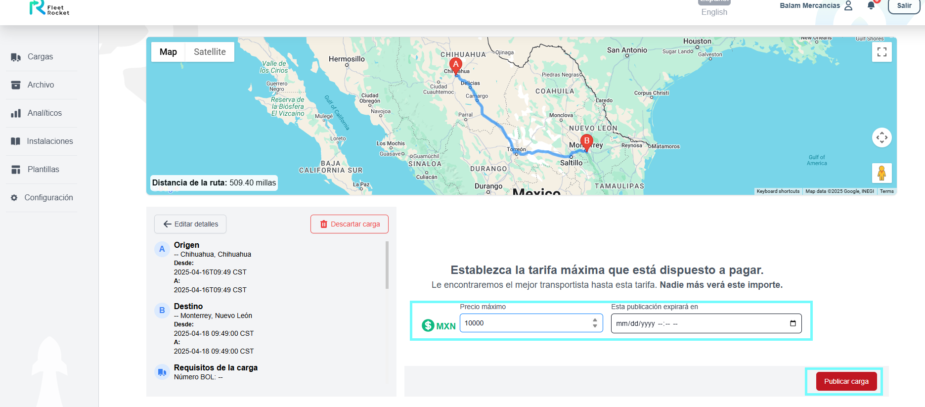 Cómo publicar una carga completa – Fleet Rocket