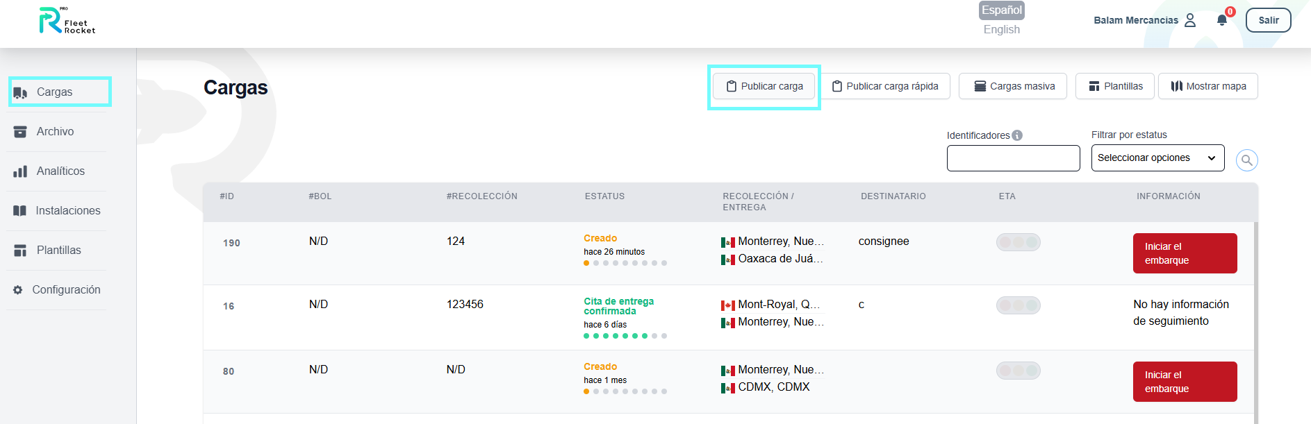 Cómo publicar una carga completa – Fleet Rocket