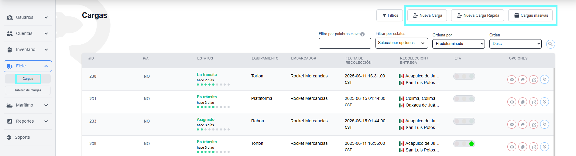 Tipos de creación de cargas – Fleet Rocket