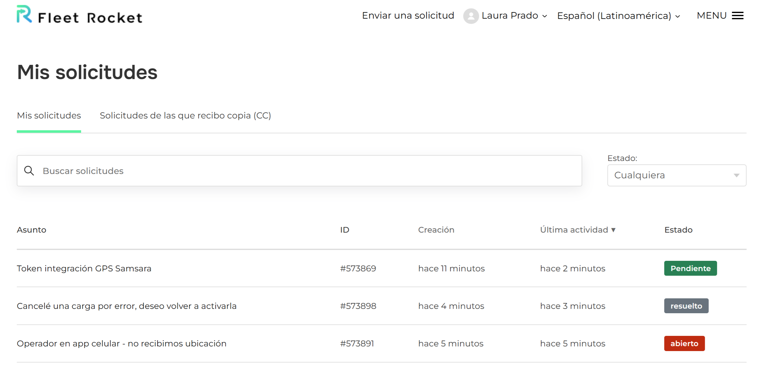 Área de Solicitudes en Fleet Rocket TMS – Fleet Rocket